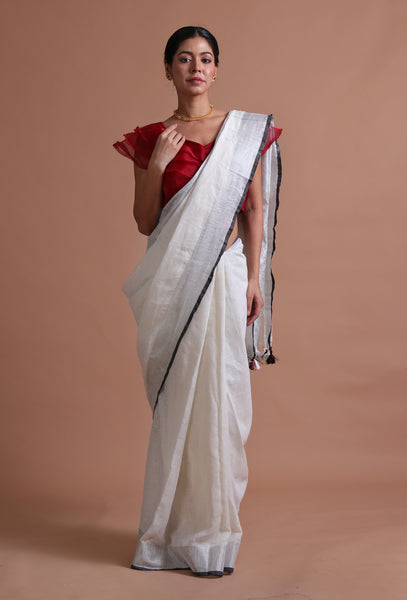 Off-White Cotton Linen Saree with Red Blouse | Tjori – TJORI