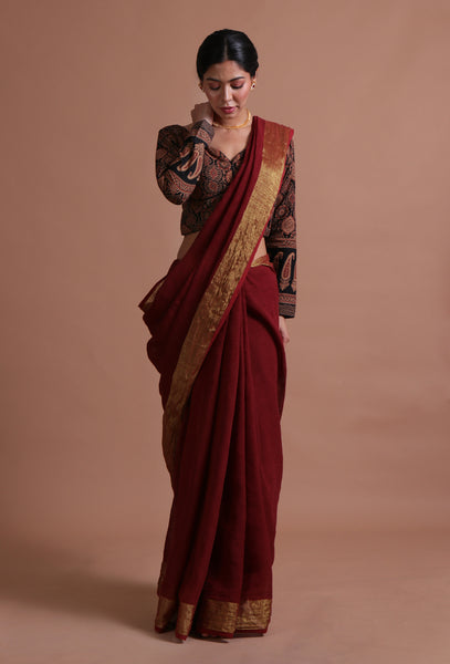 Maroon Color Cotton Linen Saree With Unstitched Blouse – TJORI