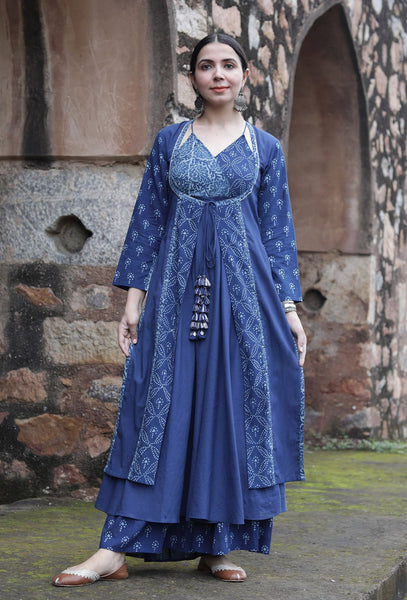 Myra Indigo Solid & Buti Printed Front-Tie Jama Long Coat – TJORI